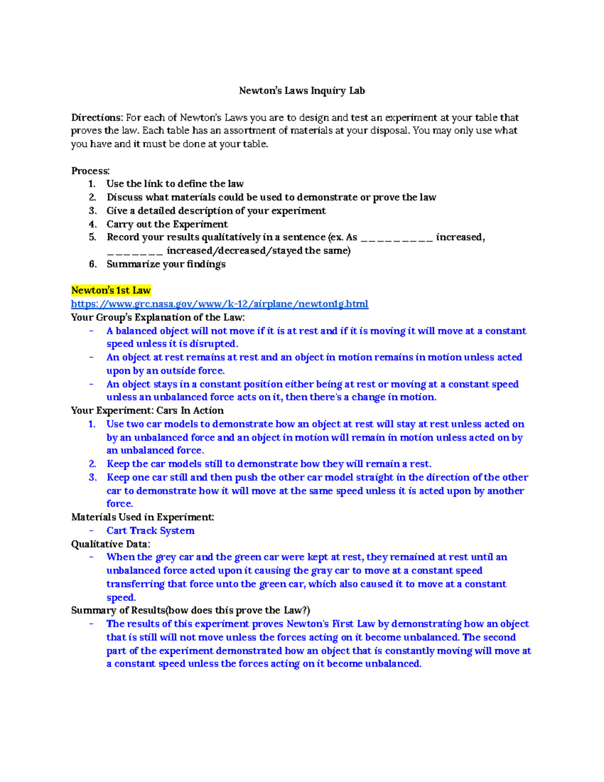 Newton's Laws Inquiry Lab - Newton’s Laws Inquiry Lab Directions: For ...