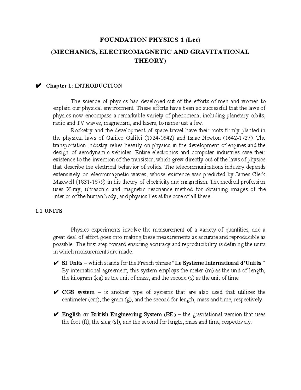 Foundation Physics 1 Unit1 - FOUNDATION PHYSICS 1 (Lec) (MECHANICS ...