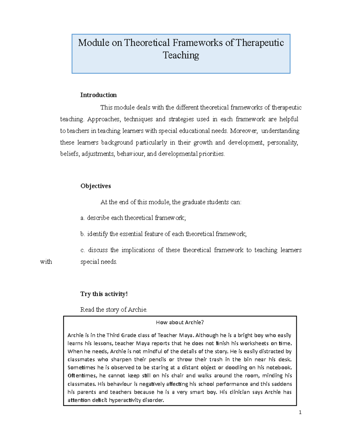 Module on Theoretical Frameworks of Therapeutic Teaching - Introduction ...