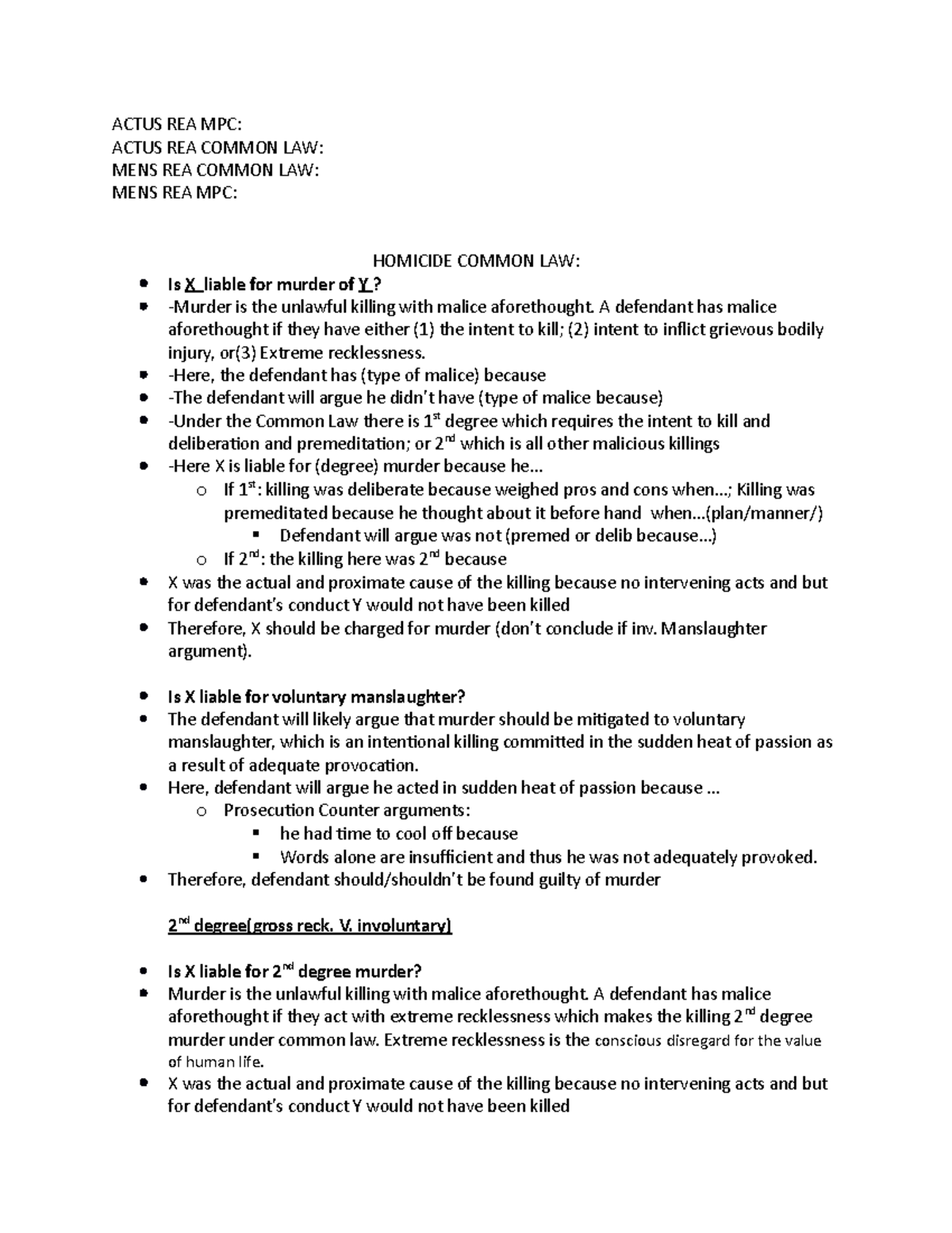 Crim shells - ACTUS REA MPC: ACTUS REA COMMON LAW: MENS REA COMMON LAW ...