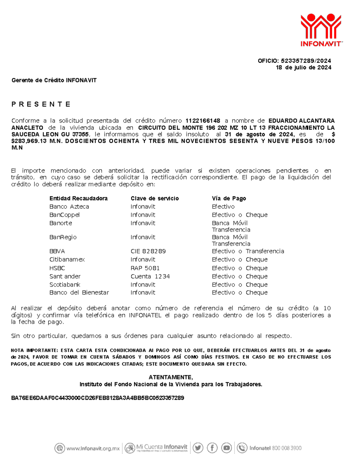 Carta DE Saldo Editable - OFICIO: 523357289 / 18 de julio de 2024 Gerente de Crédito INFONAVIT P ...
