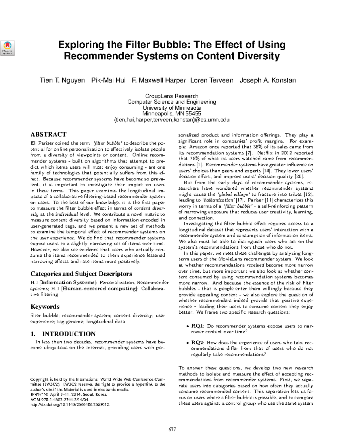 2566486 - tin - Exploring the Filter Bubble: The Effect of Using Recommender Systems on Content ...