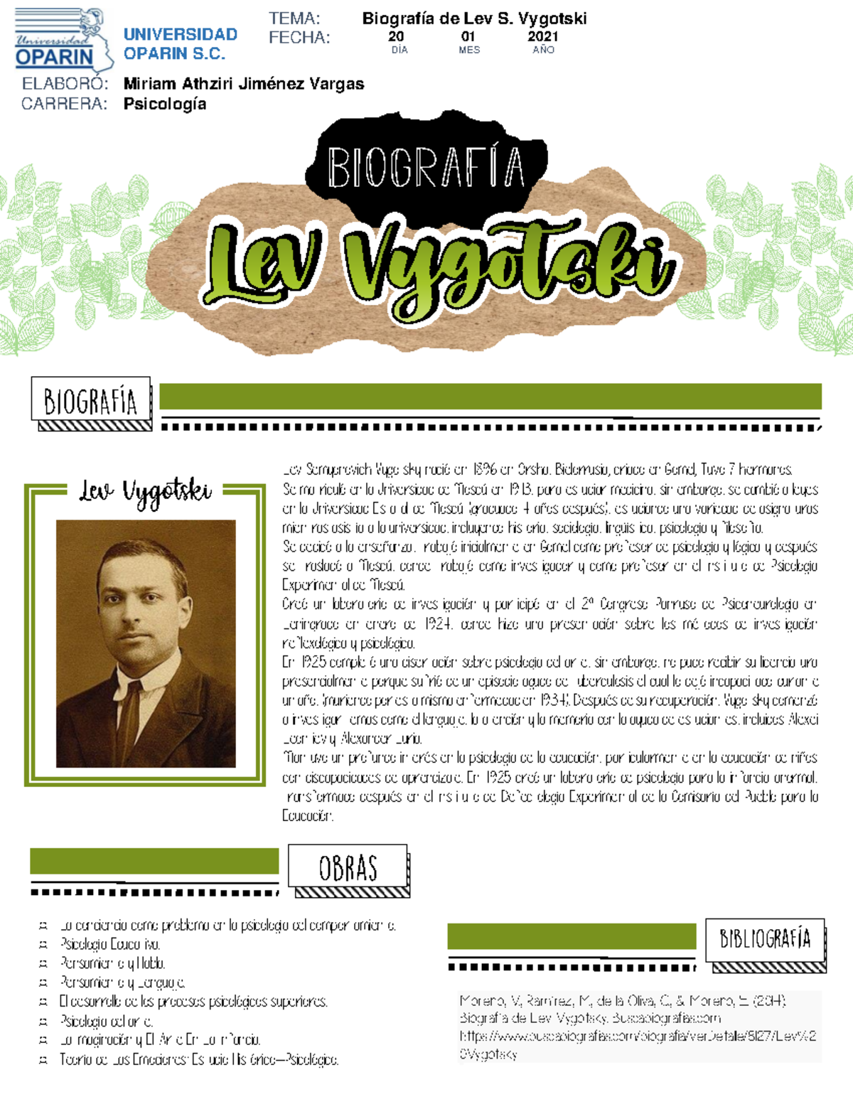 20-01-21 LEV Vygotski - Resumen - UNIVERSIDAD OPARIN S. TEMA: Biografía ...