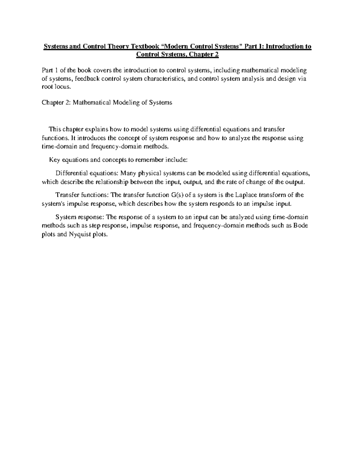 Systems and Control Theory Textbook “Modern Control Systems” Part I Introduction to Control ...