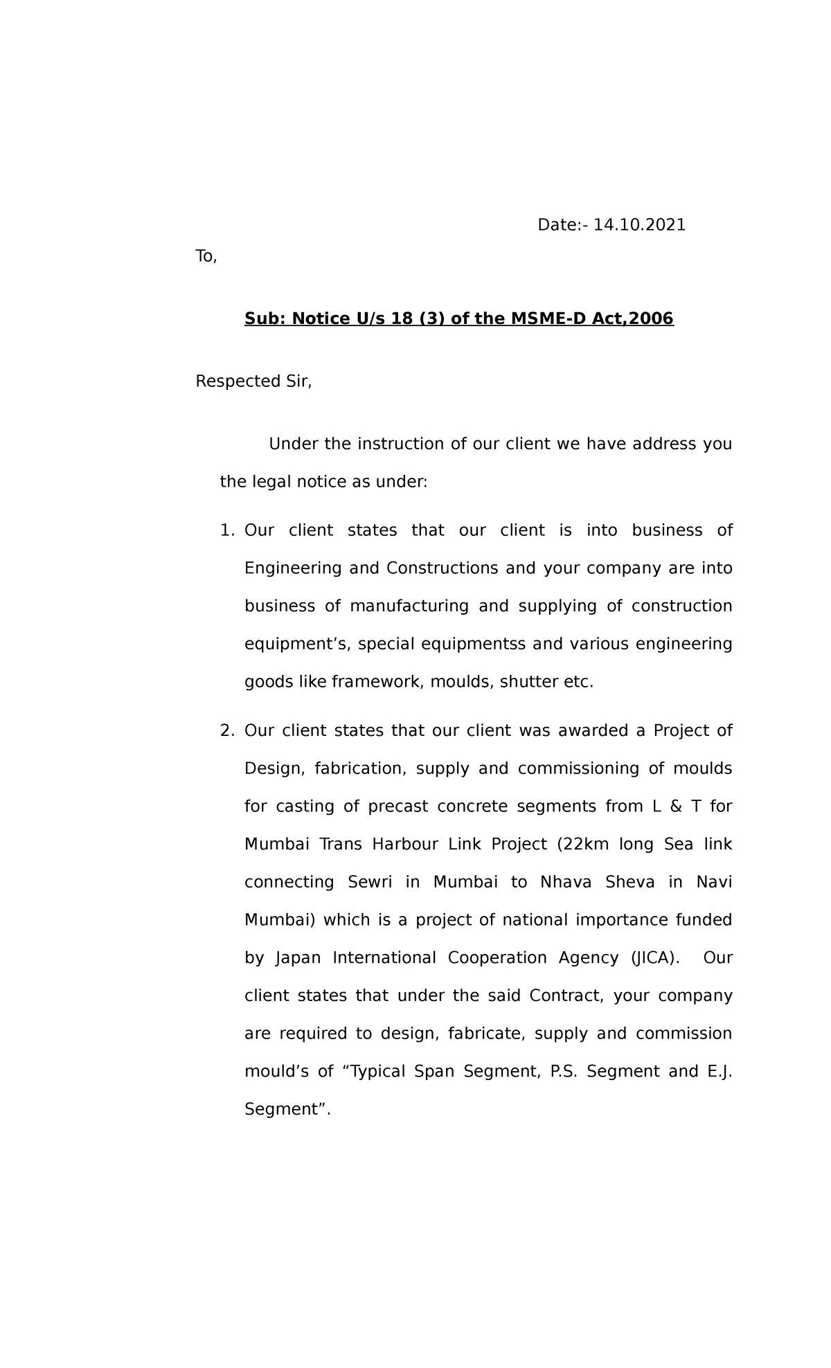11 - Application - Date:- 14. To, Sub: Notice U/s 18 (3) of the MSME-D ...