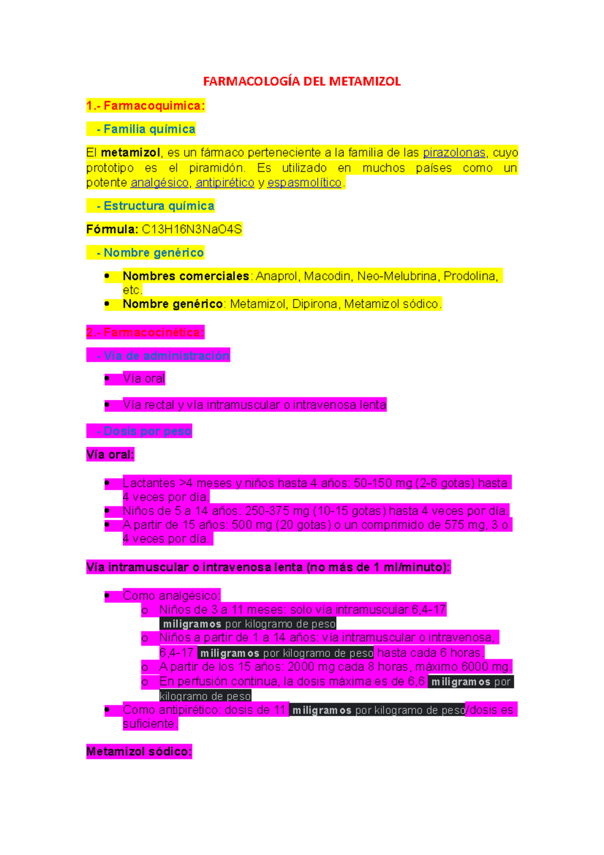 Farmacología DEL Metamizol - FARMACOLOGÍA - UPSJB - Studocu