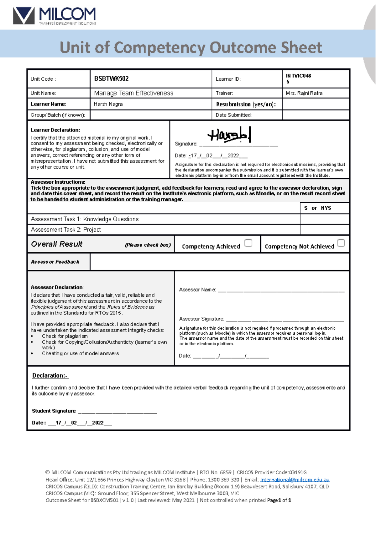 Bsbtwk 502 Outcome Sheet (Signed) - BSB51915 - VU - Studocu