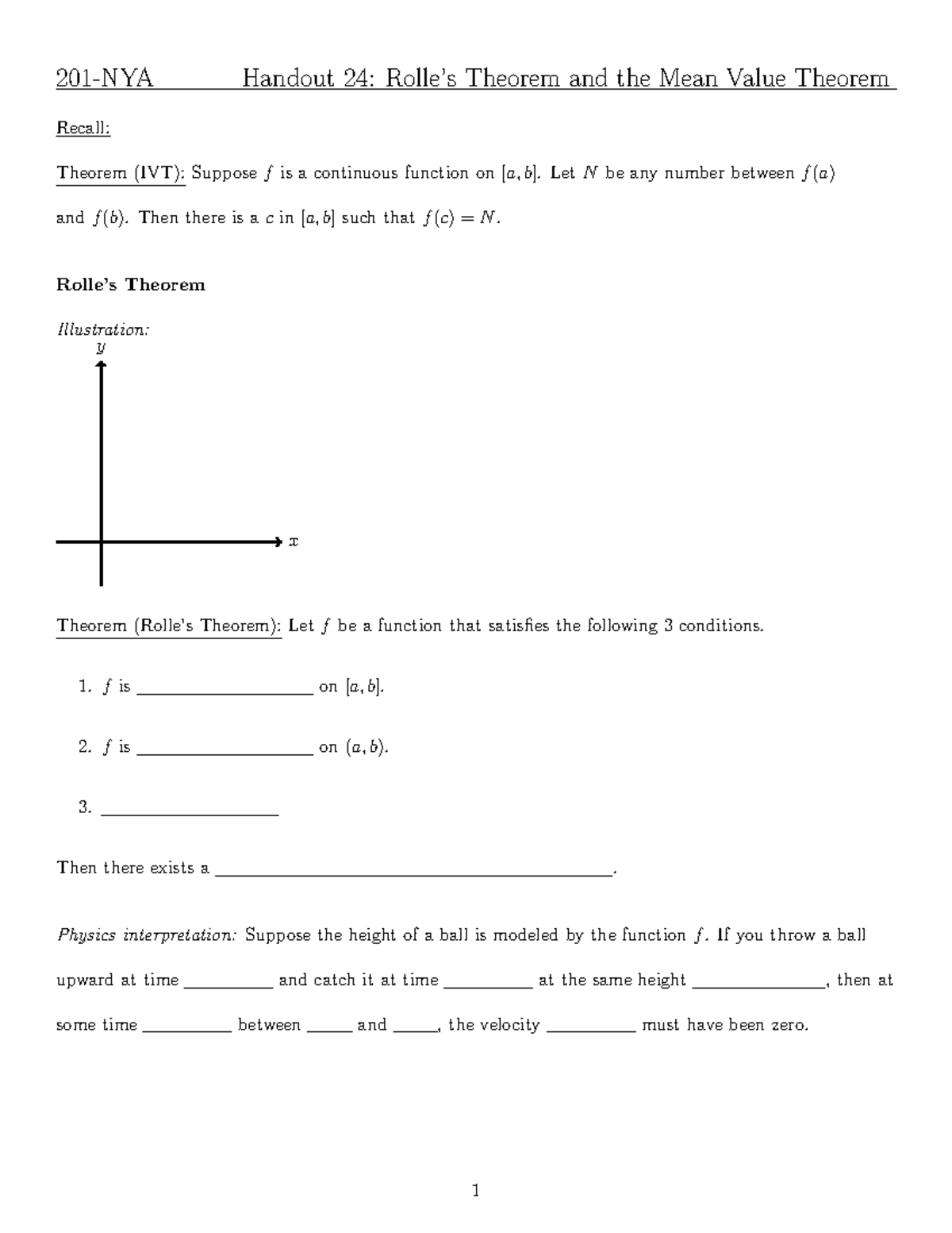 201 NYA Handout 24 Rolle MVT - 201-NYA Handout 24: Rolle’s Theorem and ...