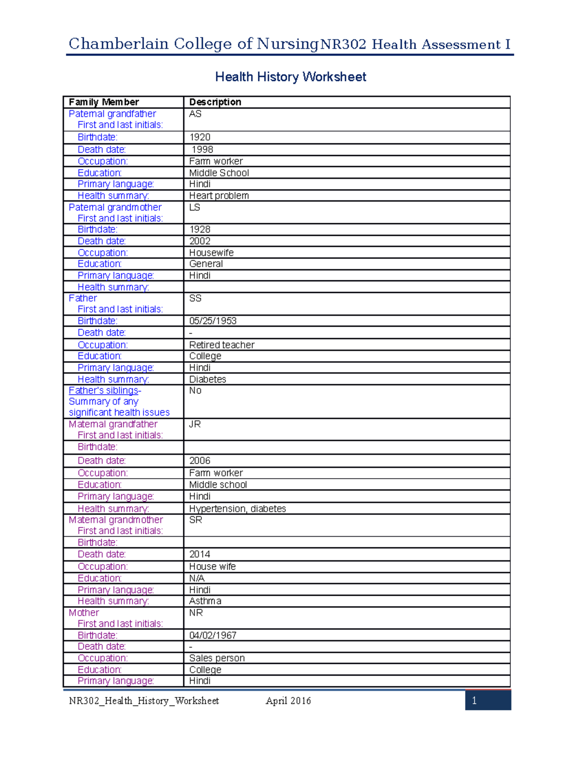Health History Worksheet - Health History Worksheet Family Member ...