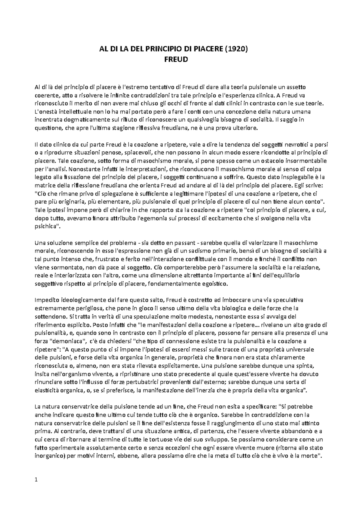 Riassunto Al di lá del principio di piacere - AL DI LA DEL PRINCIPIO DI ...