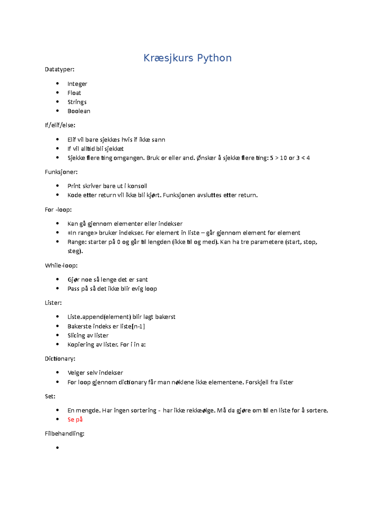 Kræsjkurs python - Sammendrag Informasjonsteknologi, grunnkurs - Python ...