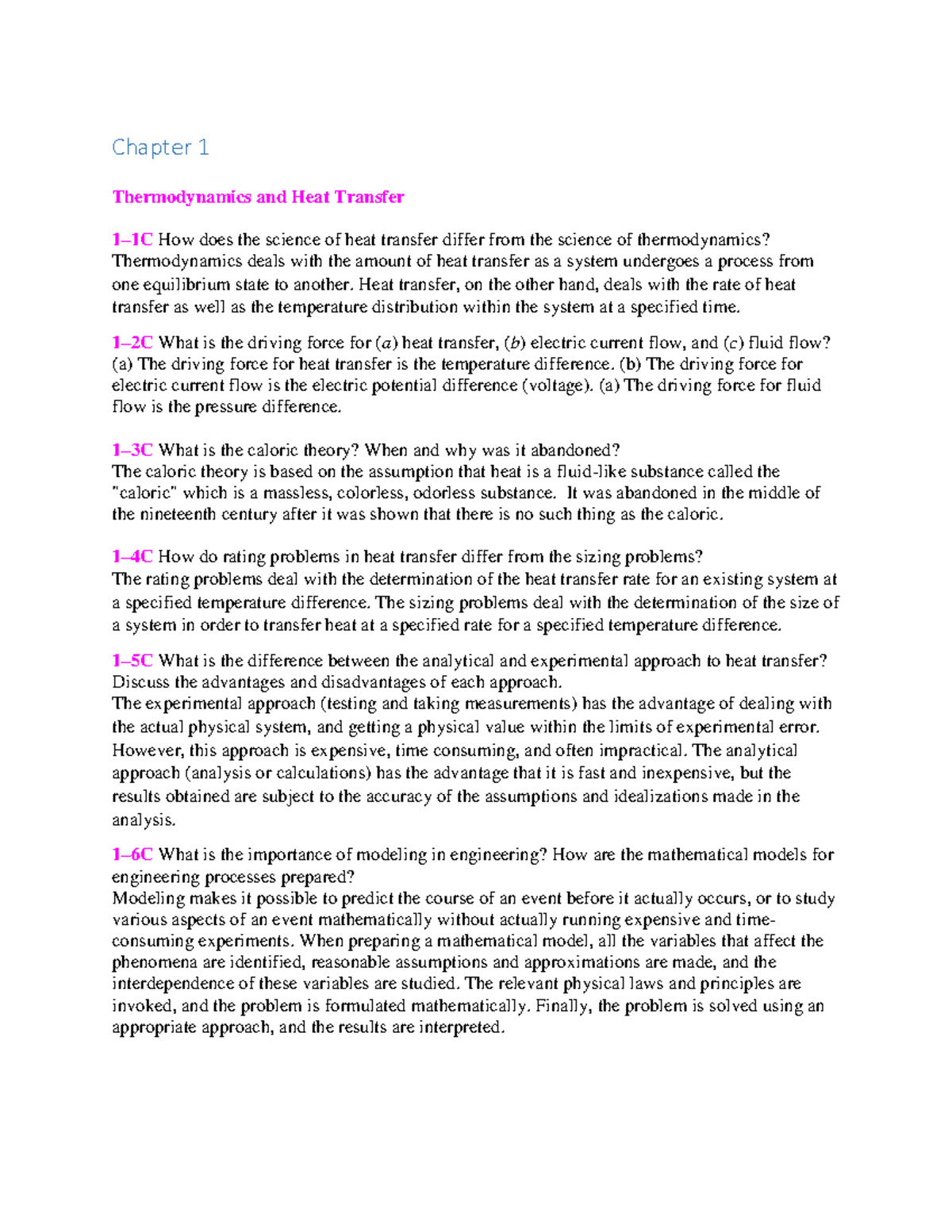 03 C Questions - Chapter 1 Thermodynamics and Heat Transfer 1 – 1C How ...