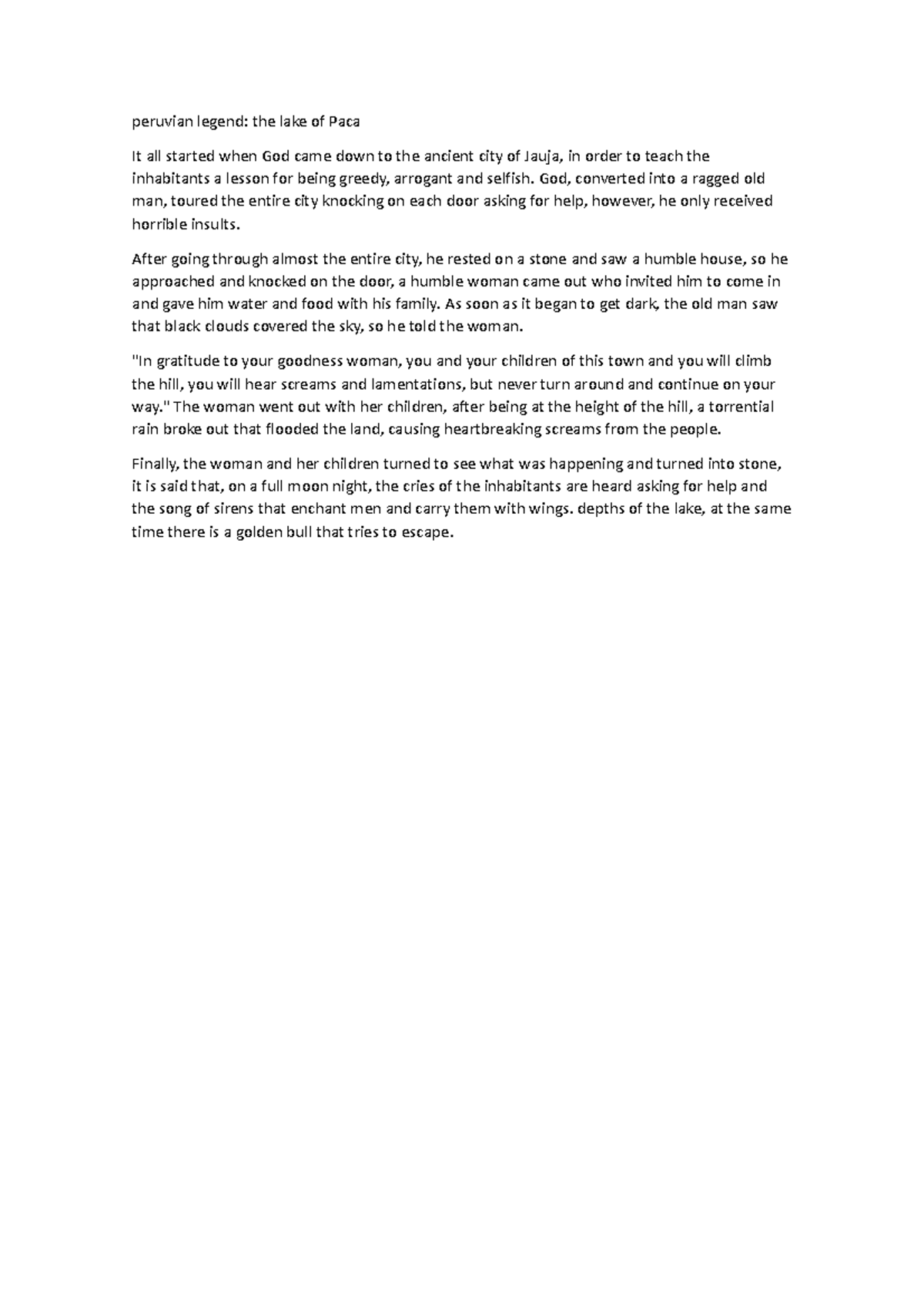 Ingles Semana 9 - Notas para tarea - peruvian legend: the lake of Paca ...