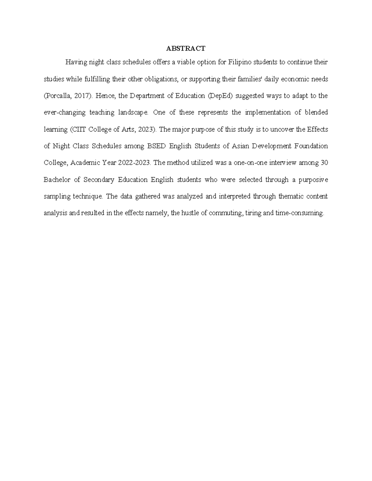 Abstract - Summary Bsed Social Studies - ABSTRACT Having night class ...