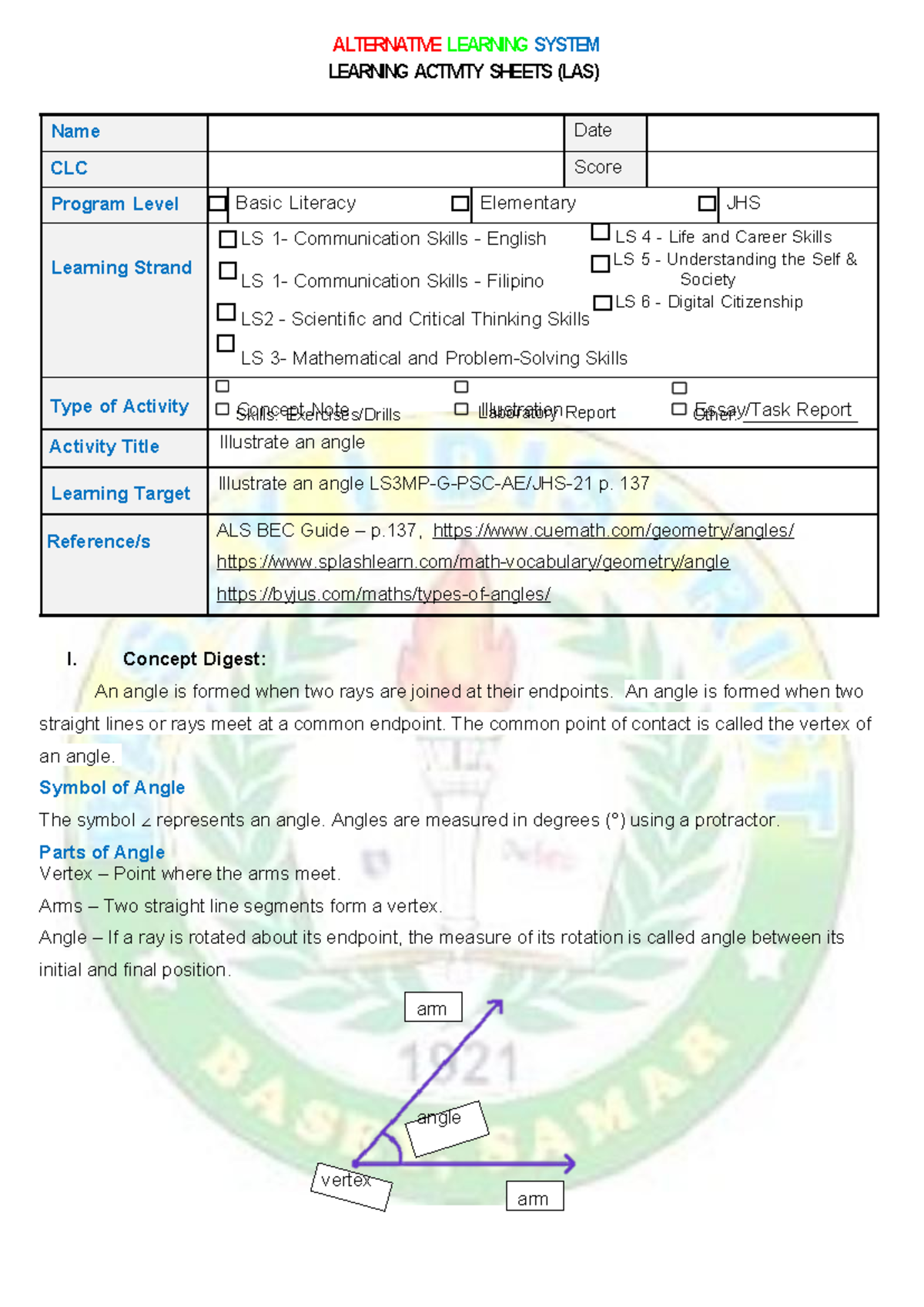 LS3-Illustrate-An-Angle-ELEM-JHS - ALTERNATIVE LEARNING SYSTEM LEARNING ACTIVITY SHEETS (LAS ...