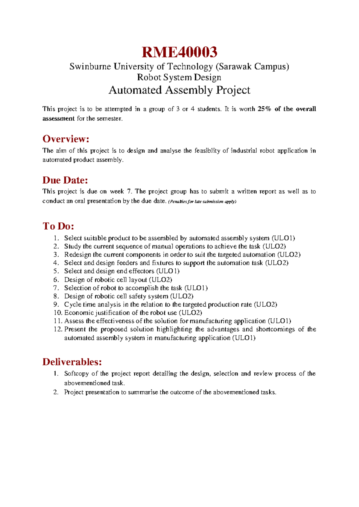 RME40003 Automated Assembly - RME Swinburne University of Technology (Sarawak Campus) Robot ...