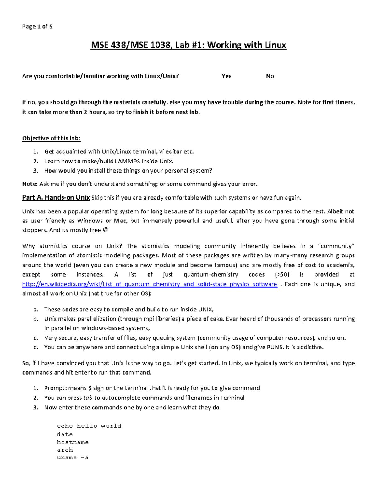 Lab 1 Intro to Linux MSE438-1038 - MSE 438/MSE 1038 , Lab #1: Working with Linux Are you - Studocu