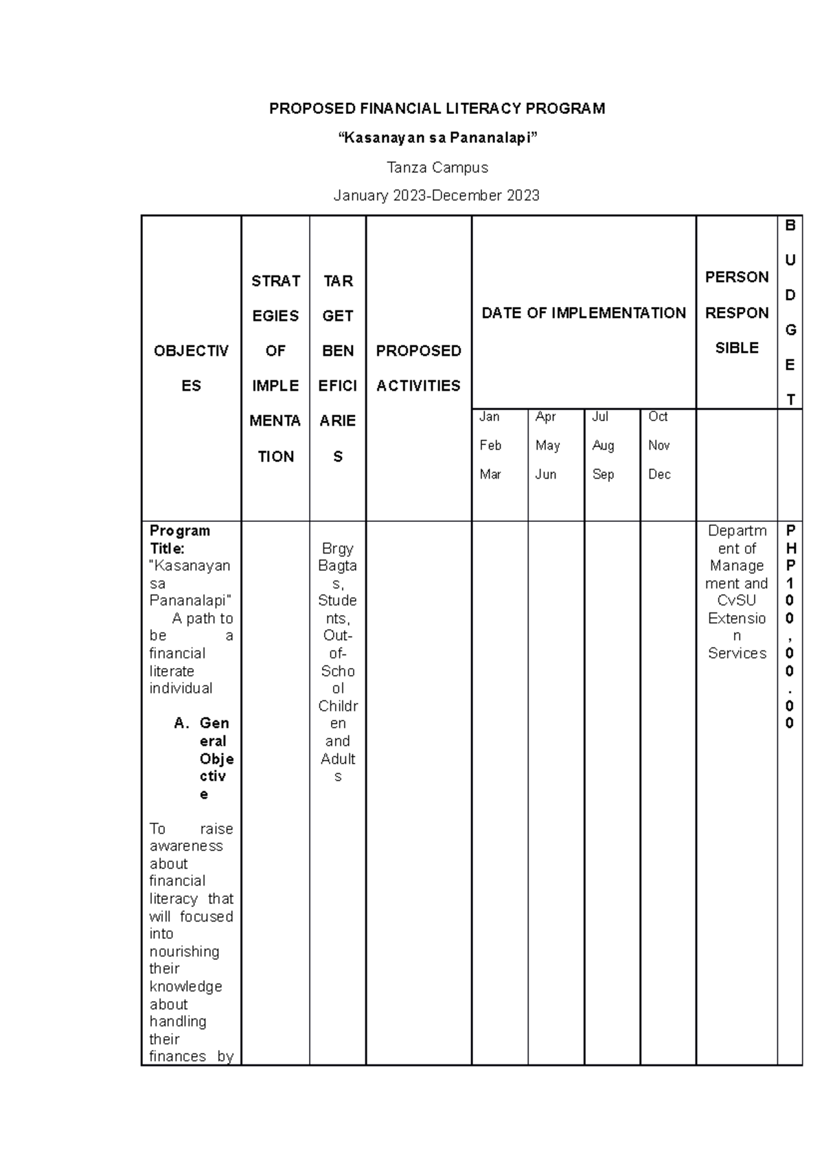 Financial Literacy Program Thesis Plan - PROPOSED FINANCIAL LITERACY ...