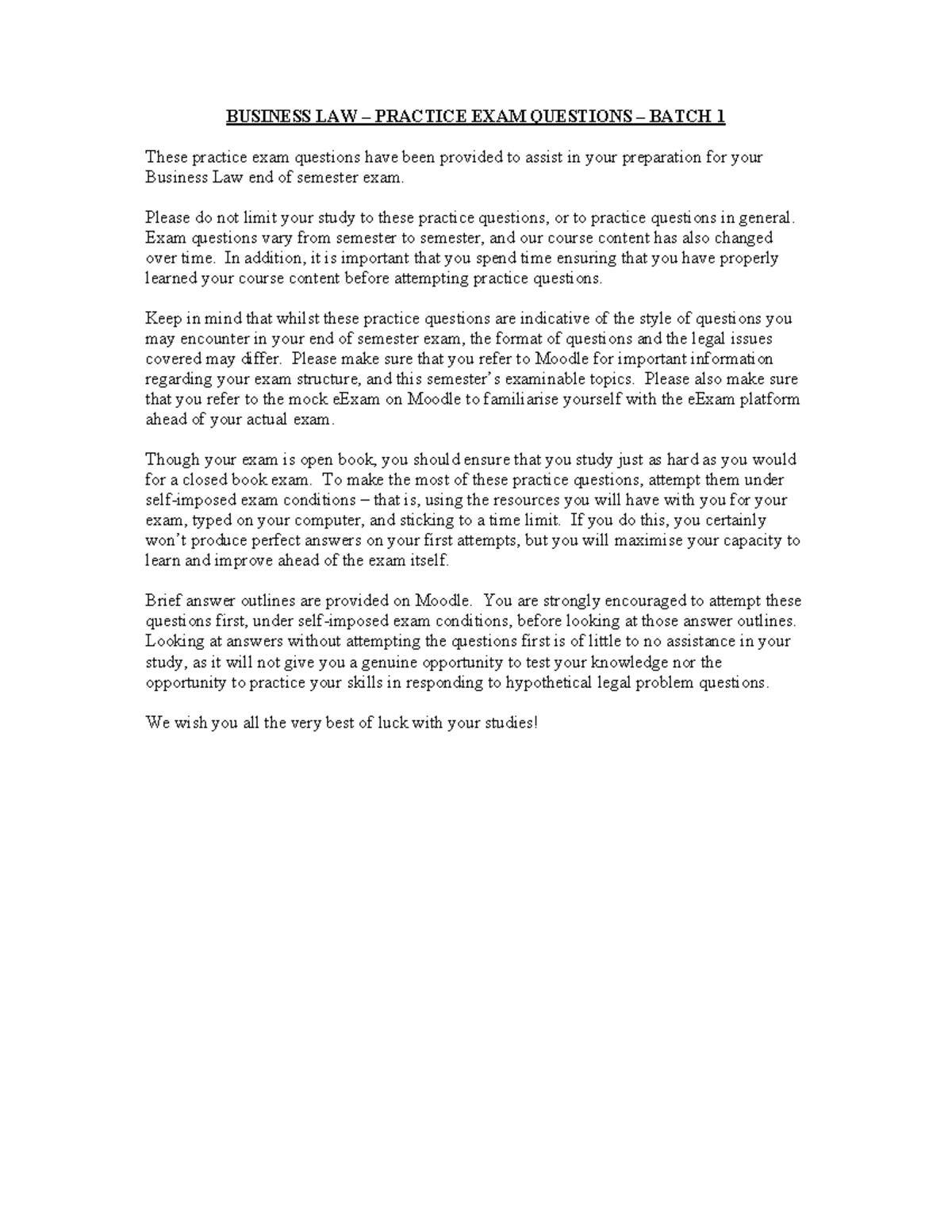 Business Law Exam Papers - BUSINESS LAW – PRACTICE EXAM QUESTIONS ...