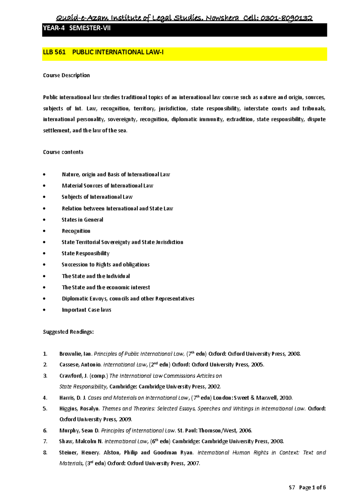 Bslaw 7 - YEAR- 4 SEMESTER-VII LLB 561 PUBLIC INTERNATIONAL LAW-I ...