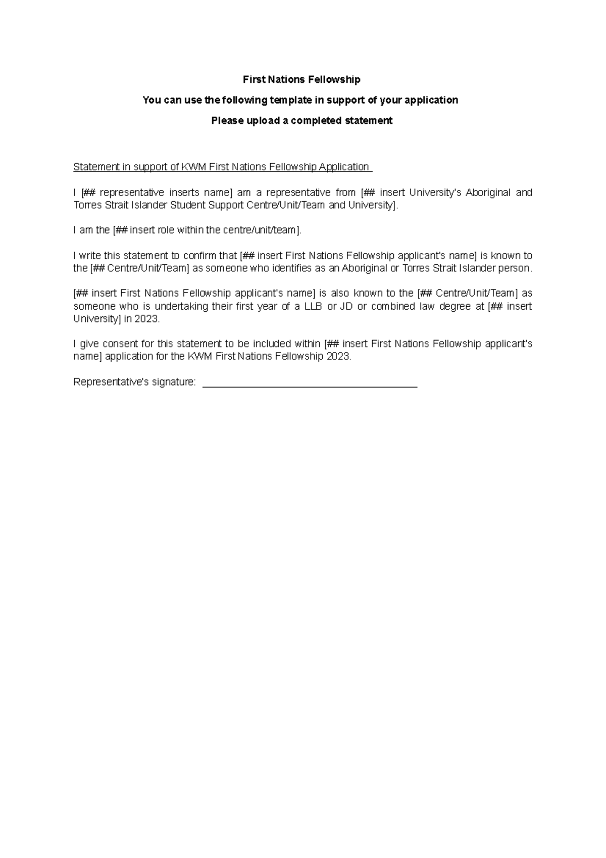 Template for statement in support of Fellowship application - First ...
