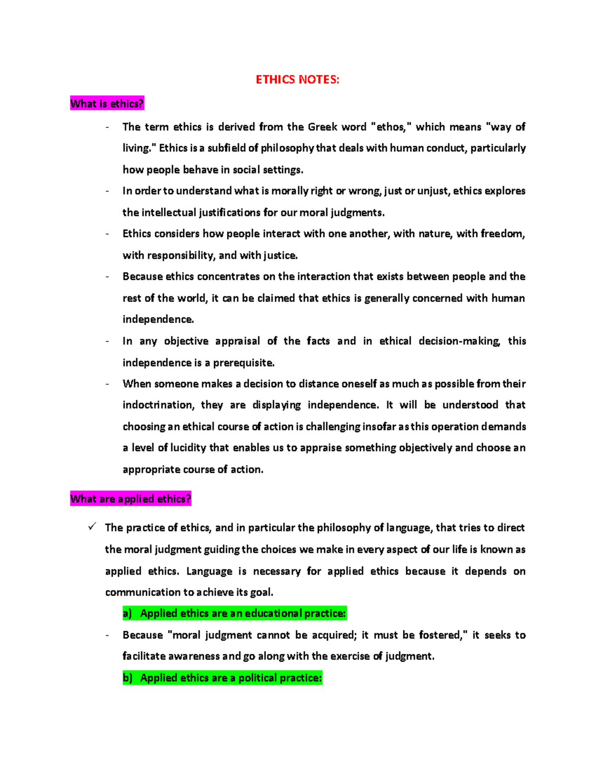 Ethics and Morality - ETHICS NOTES: What is ethics? The term ethics is ...