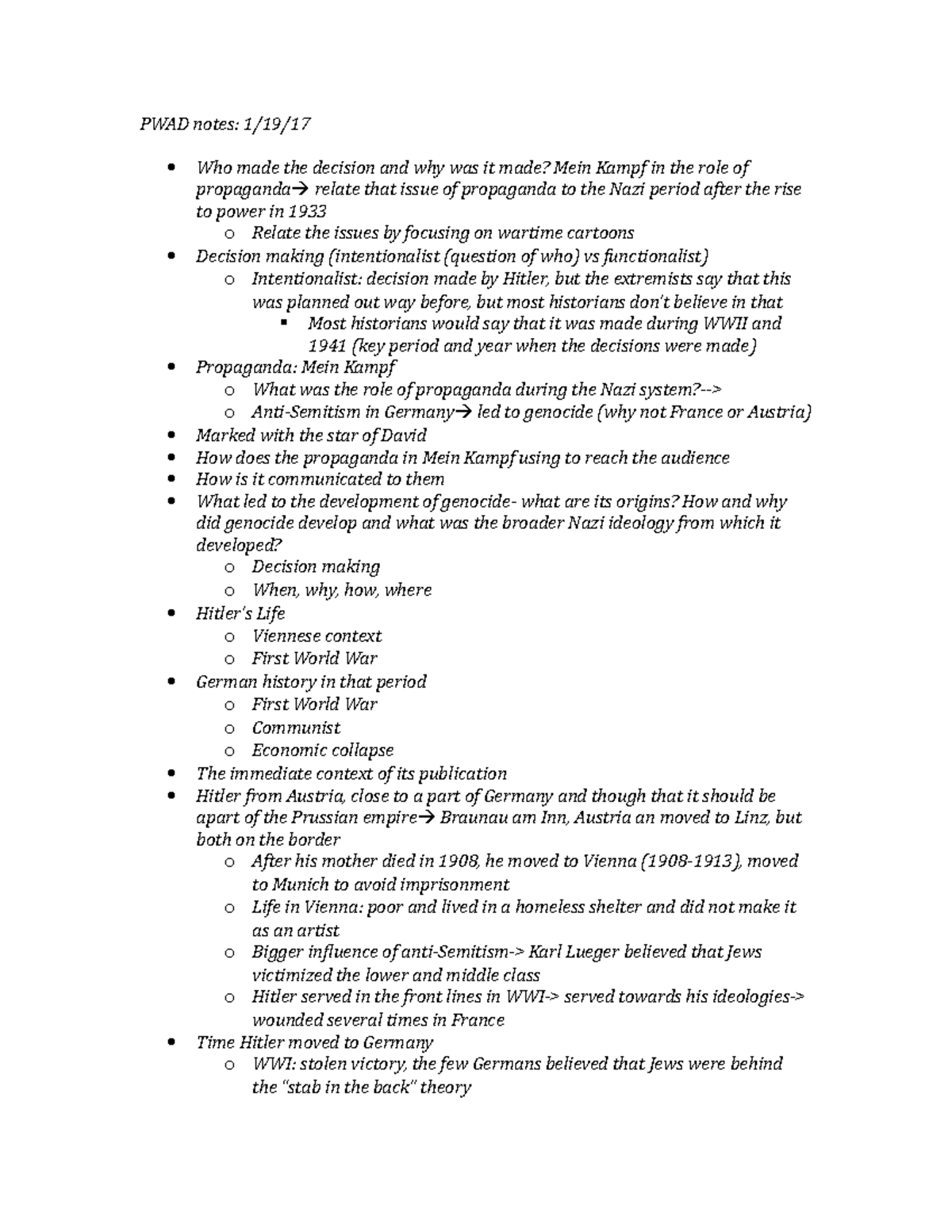 PWAD- Week 2 Notes - PWAD notes: 1/19/ Who made the decision and why ...