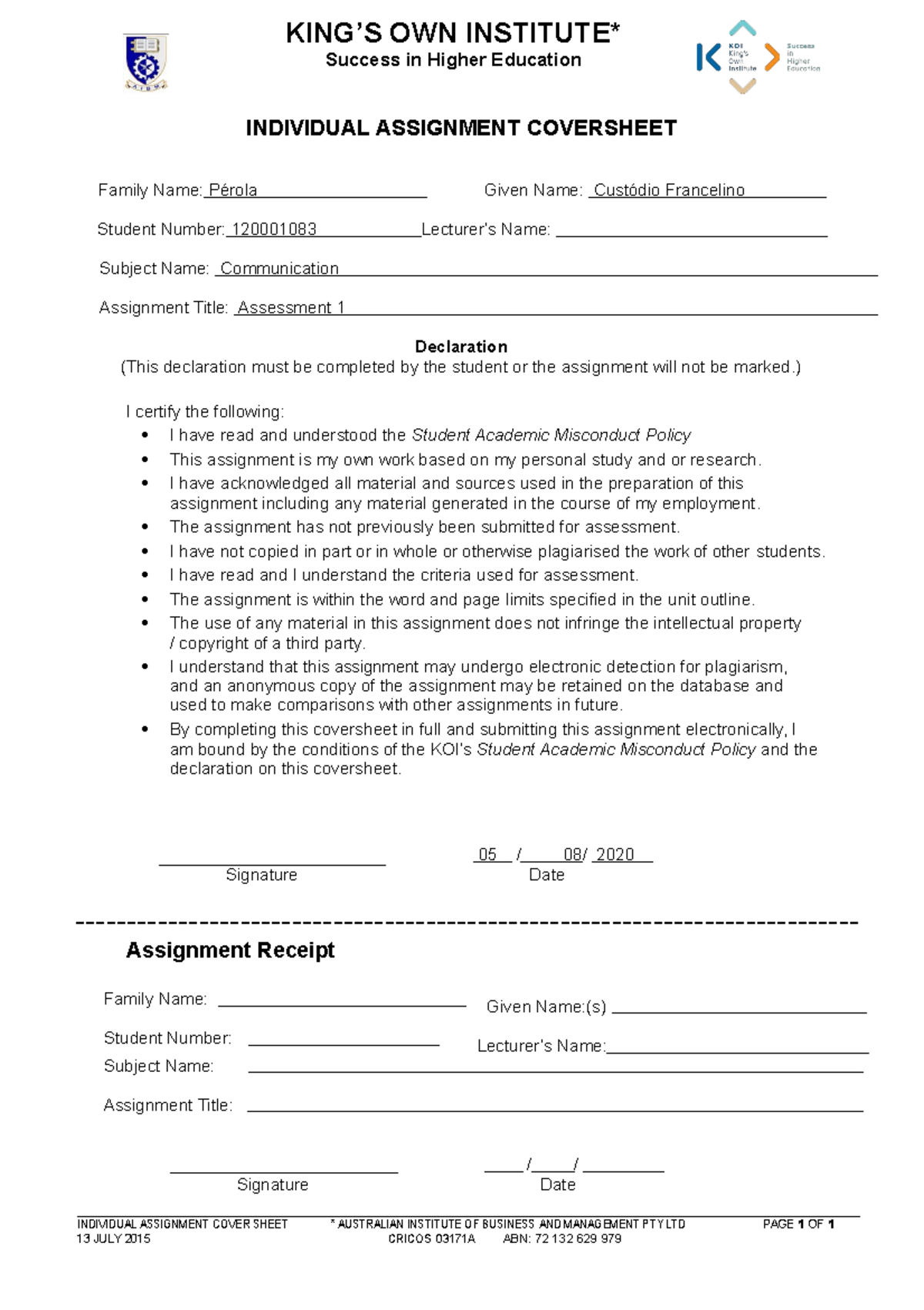 Assignment Cover Page - Individual-fillable-13-07-2015-converted Perola ...