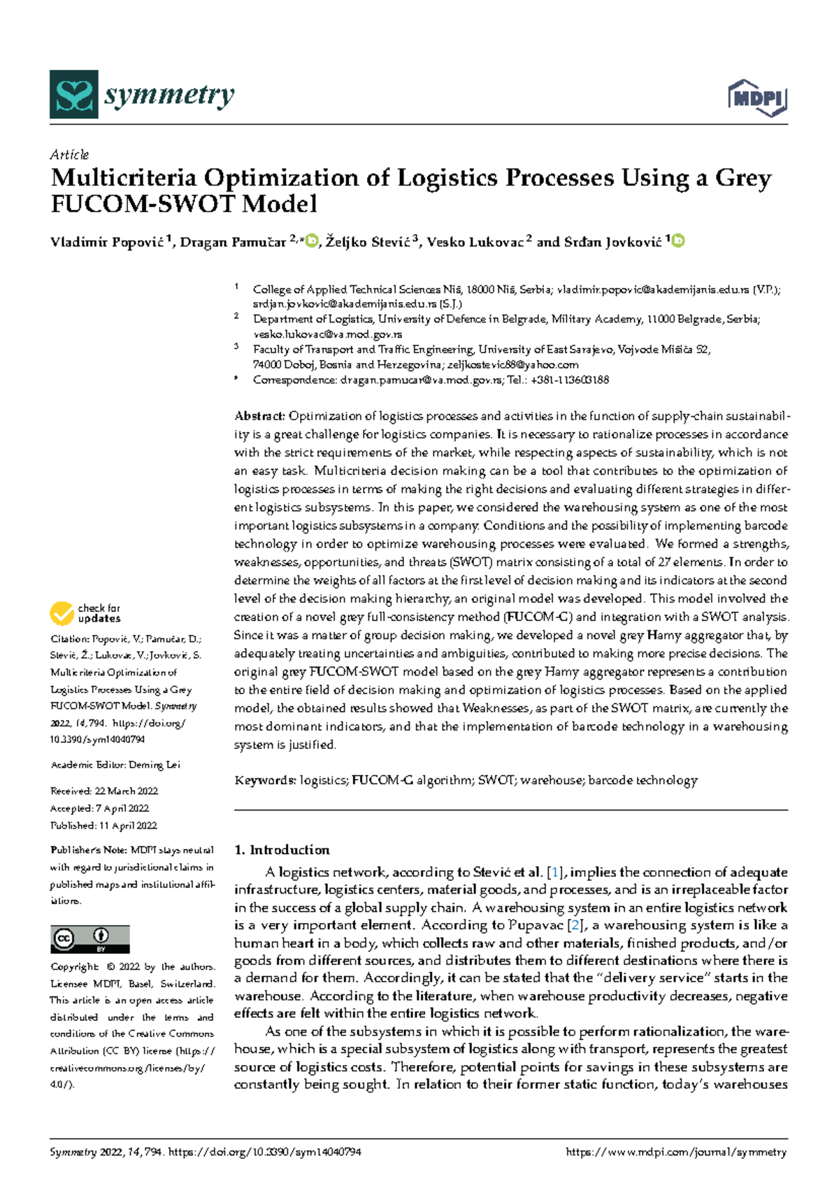 Symmetry 14 00794 v2 - papers - Citation: Popovi ́c, V.; Pamuˇcar, D ...