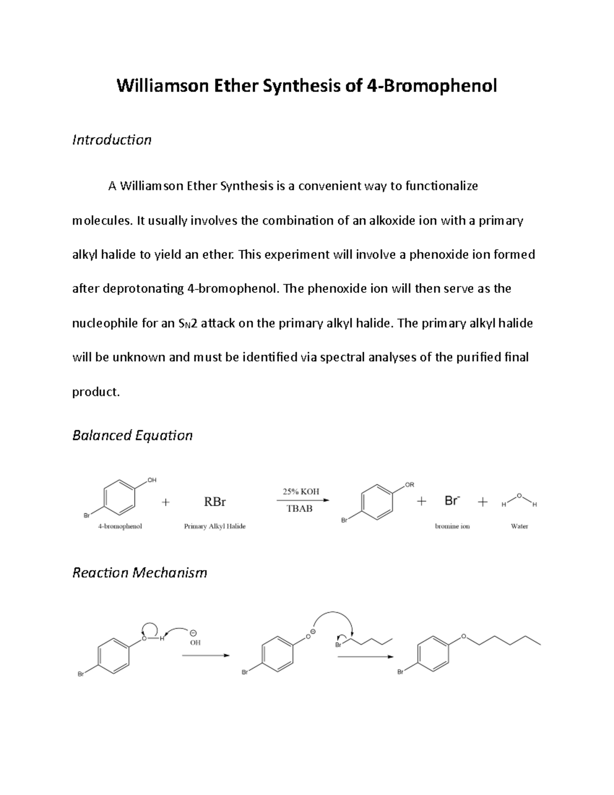 Pre-Lab - Williamson Ether Synthesis - Williamson Ether Synthesis of 4 ...