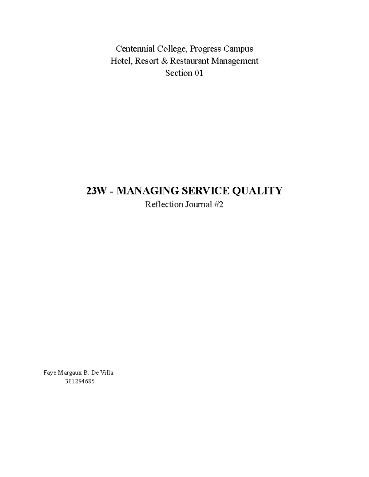 Service Quality Reflection #2 - Centennial College, Progress Campus ...