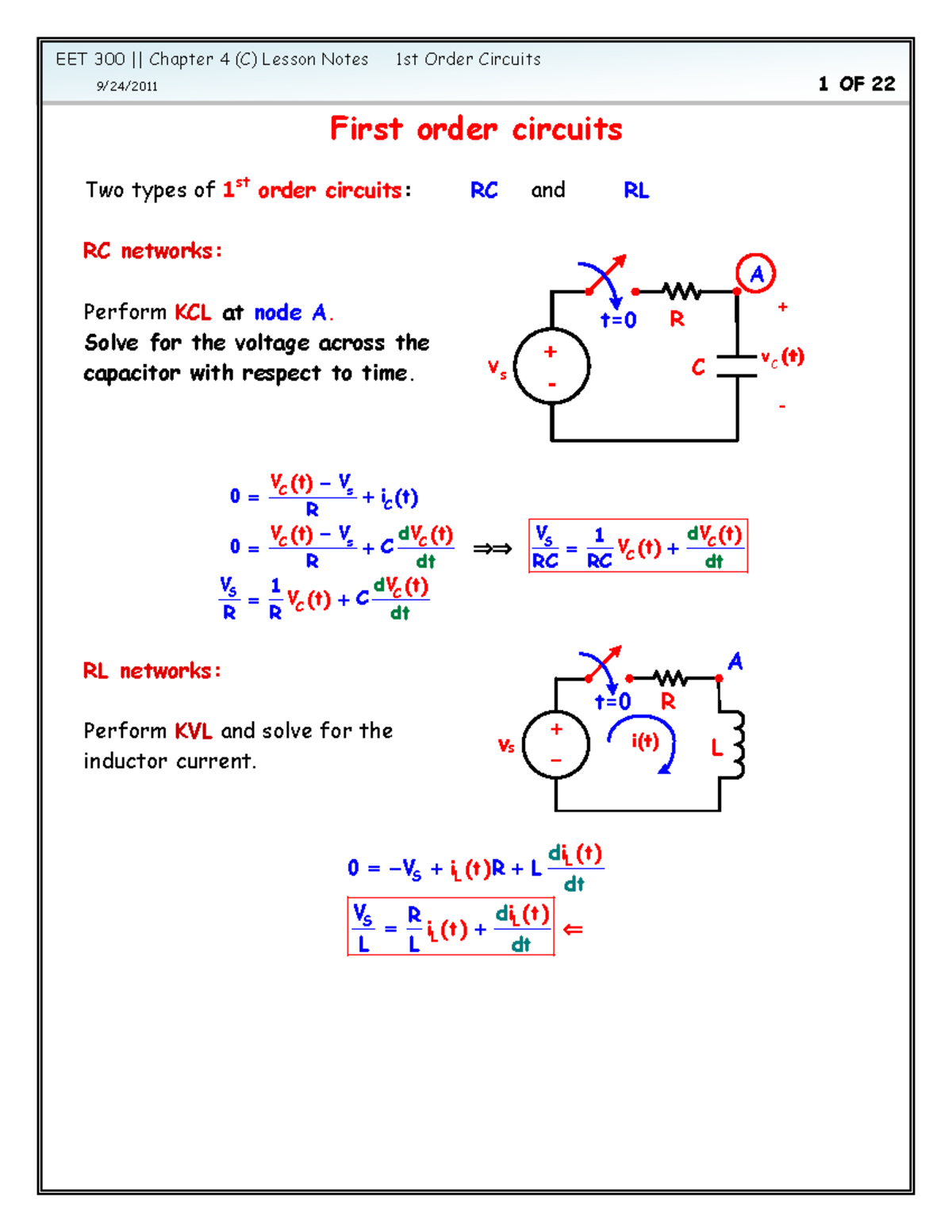 First Order Circuits Lecture Notes 4 Eet 300 Chapter 4 C Lesson Notes 1st Order Circuits 1