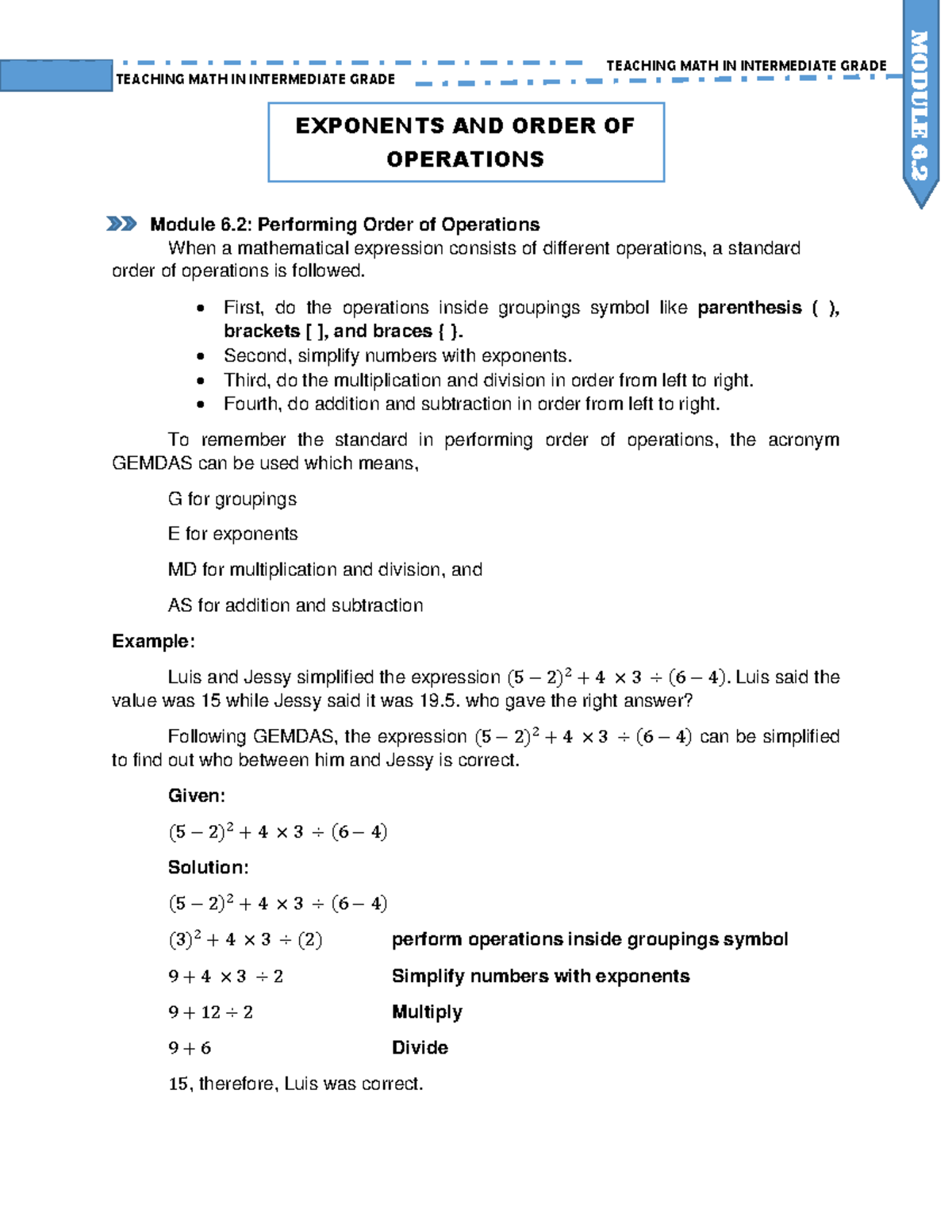 Module-6 - GOOD NOTES - TEACHING MATH IN INTERMEDIATE GRADE Module 6 ...