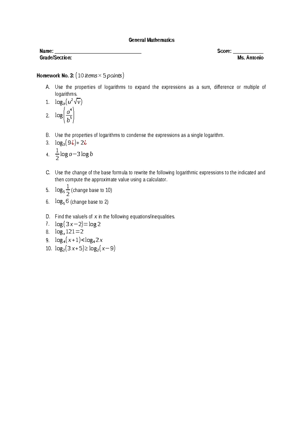 Gen Math Q 1HW3 - gen math quiz - General Mathematics Name