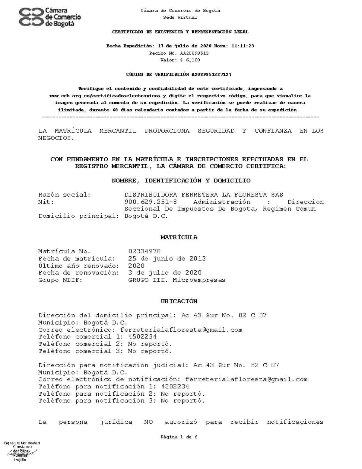 C comercio dff 17-07-2020 - Sede Virtual CERTIFICADO DE EXISTENCIA Y REPRESENTACIÓN LEGAL Fecha ...