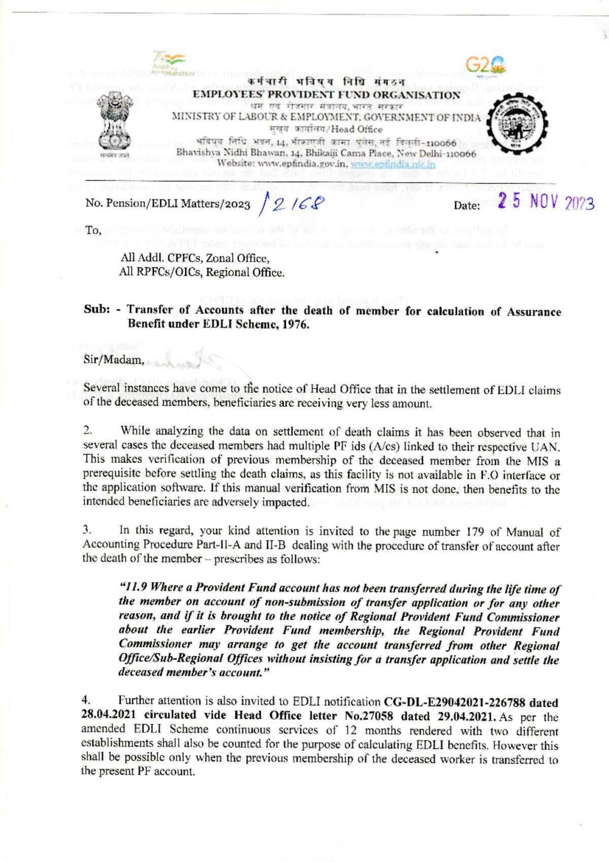 EPFO Circular-Transfer of Ac after death of member for calculation of ...