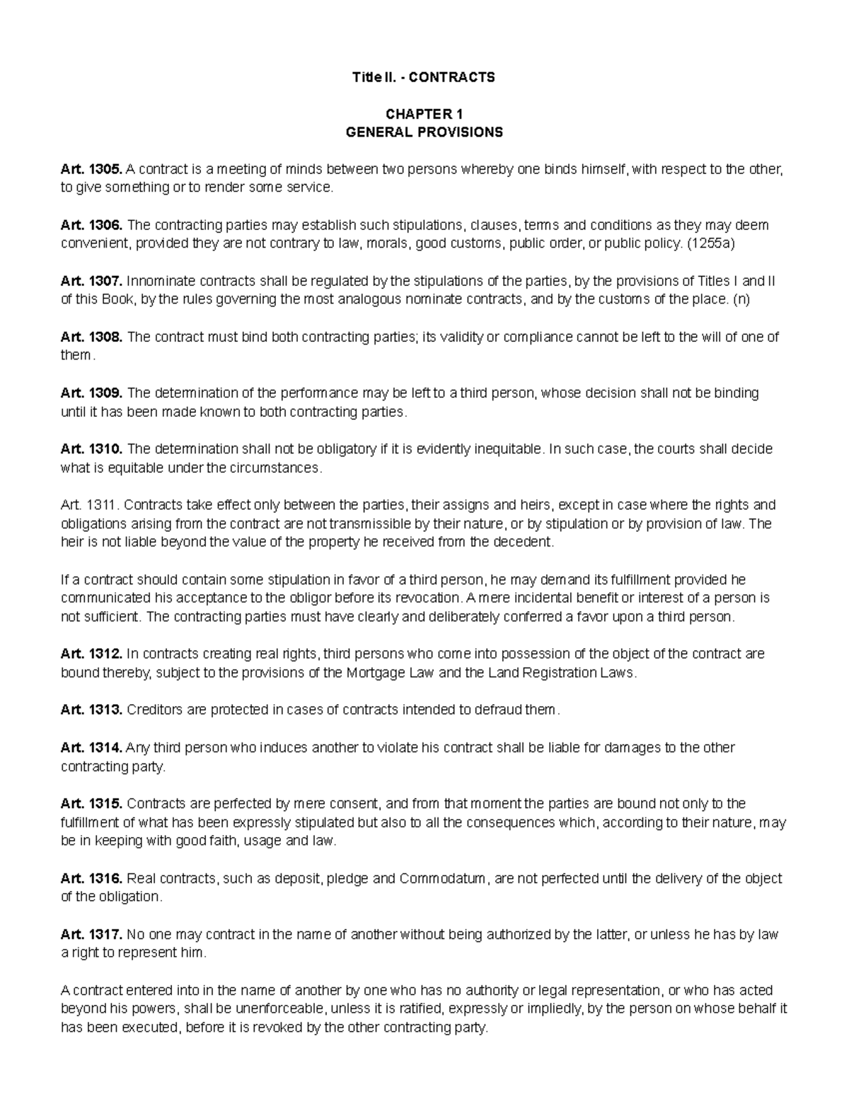 Section 2 - All about laws of contracts - Title II. - CONTRACTS CHAPTER 1 GENERAL PROVISIONS Art ...