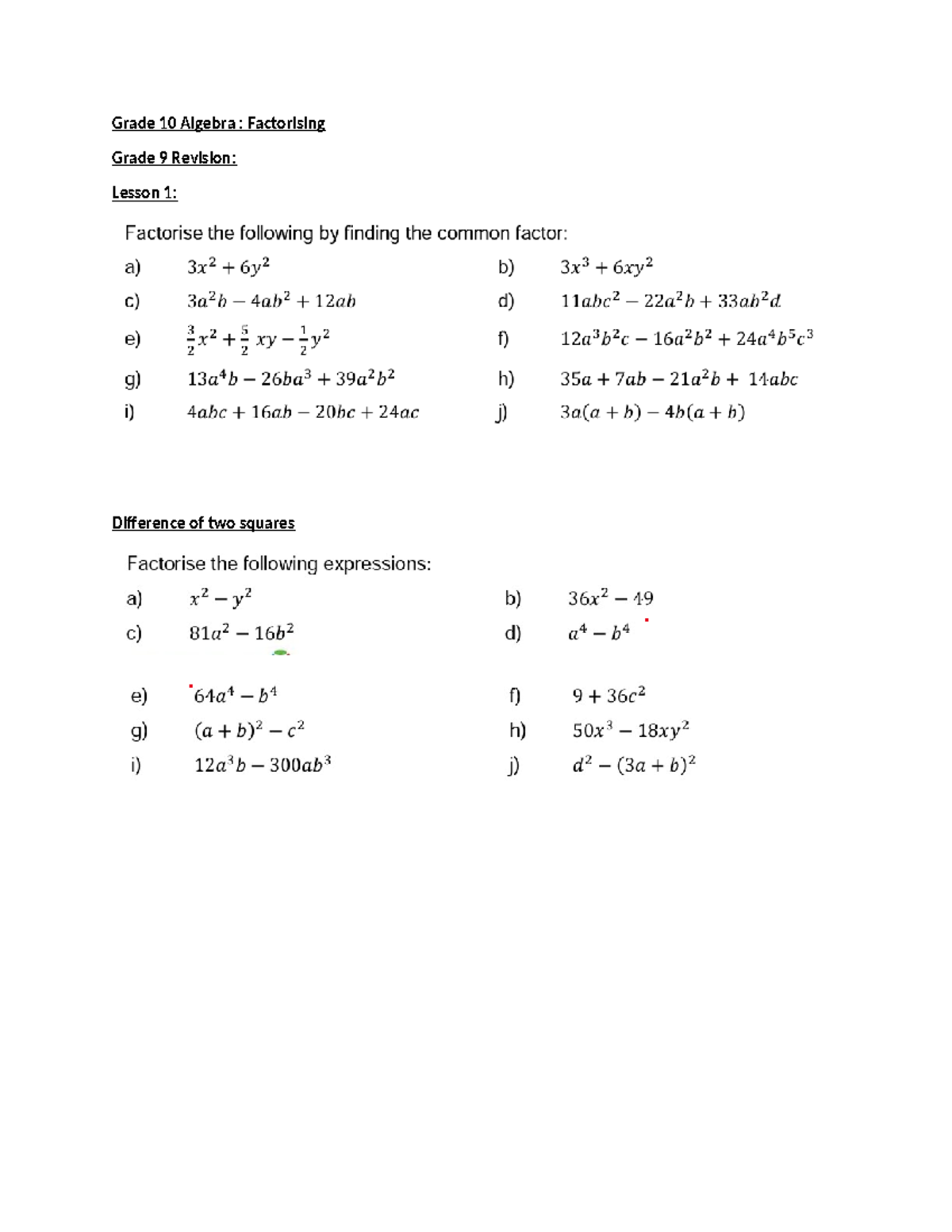 Grade 10 Algebra - practice and notes - Grade 10 Algebra : Factorising ...