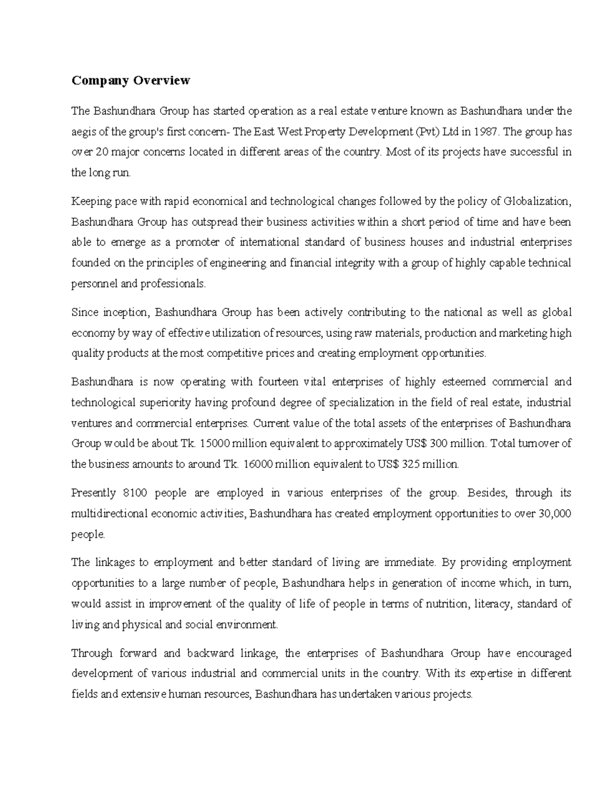 BCG Assignment - Company Overview The Bashundhara Group has started operation as a real estate ...