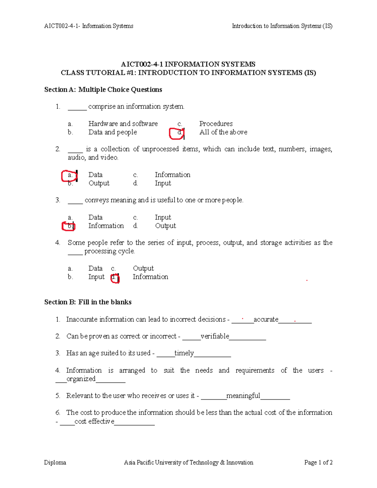 01 Tutorial Qs Intro to IS - AICT002-4-1- Information Systems ...