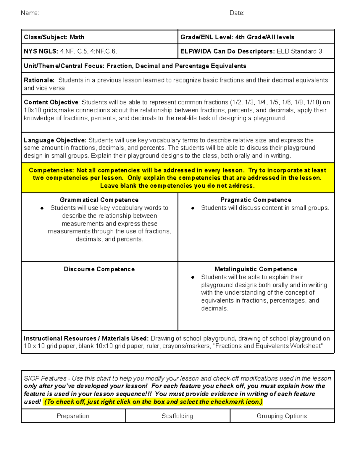 Math Plan - SIOP Plan w/ template - Name: Date: Class/Subject: Math ...