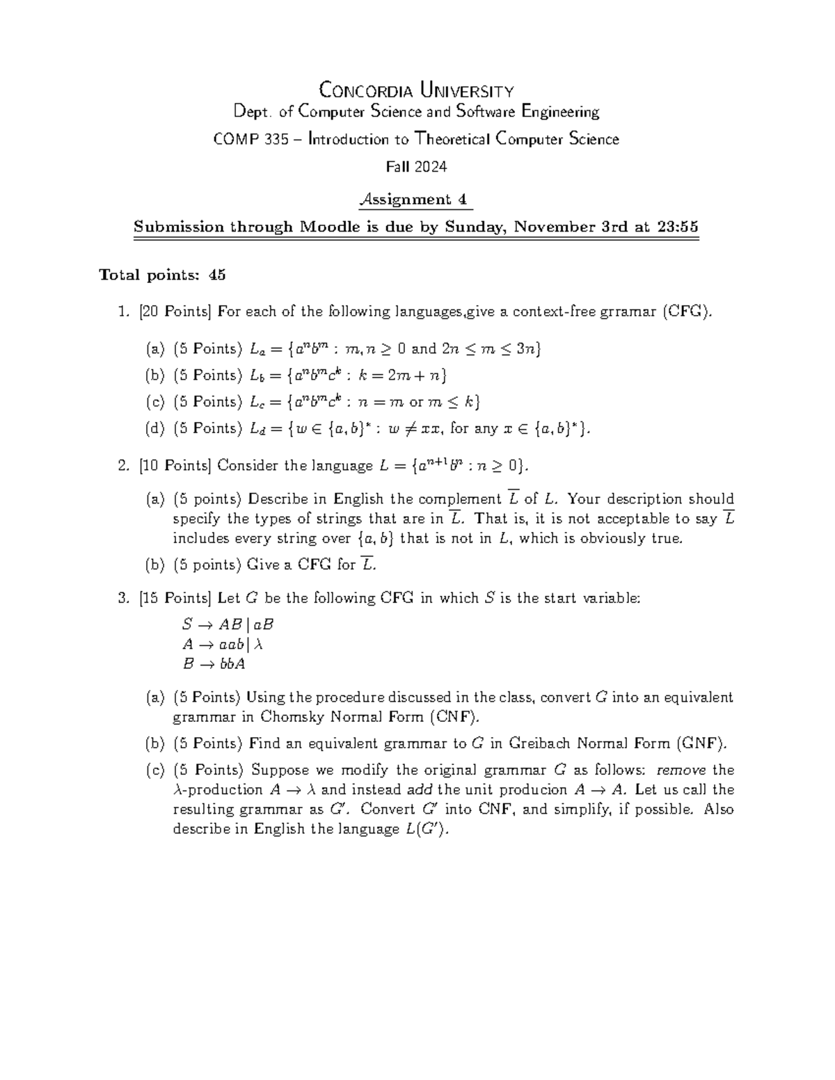 Asg4 - Assignment 4 comp 335 - CONCORDIA UNIVERSITY Dept. of Computer Science and Software - Studocu