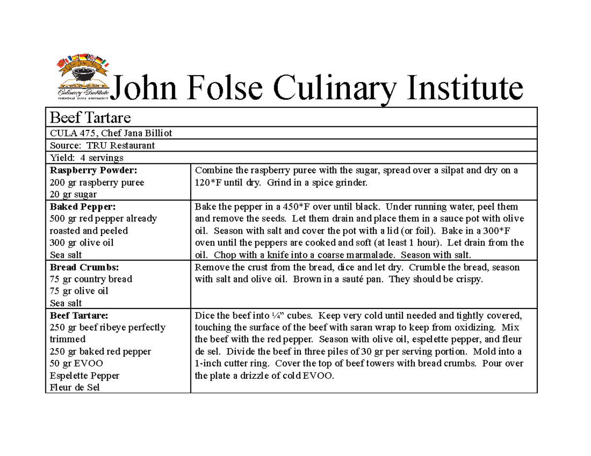Beef tartare - cula 475 - John Folse Culinary Institute Beef Tartare CULA 475, Chef Jana Billiot ...