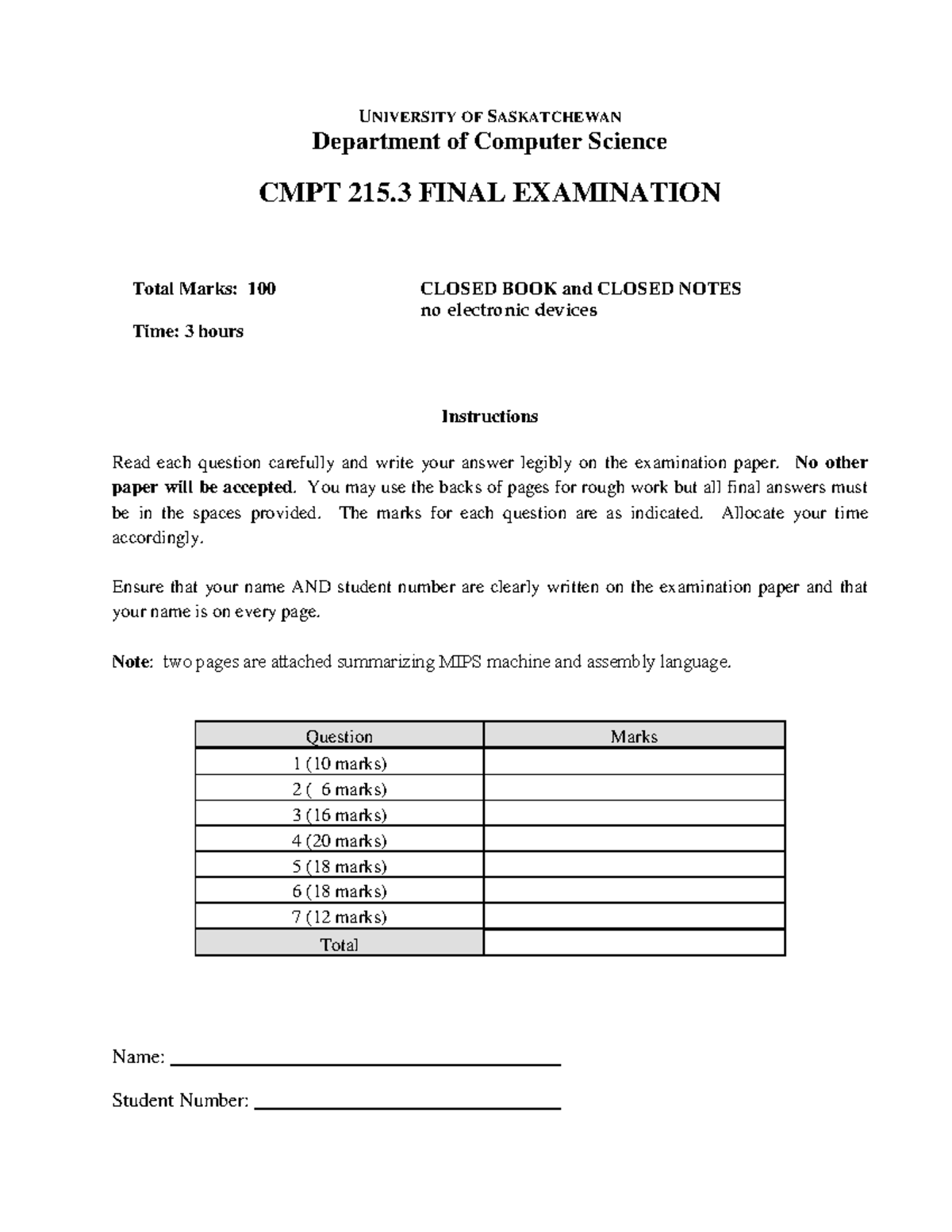 215examplefinalexam - practice final exam - UNIVERSITY OF SASKATCHEWAN ...
