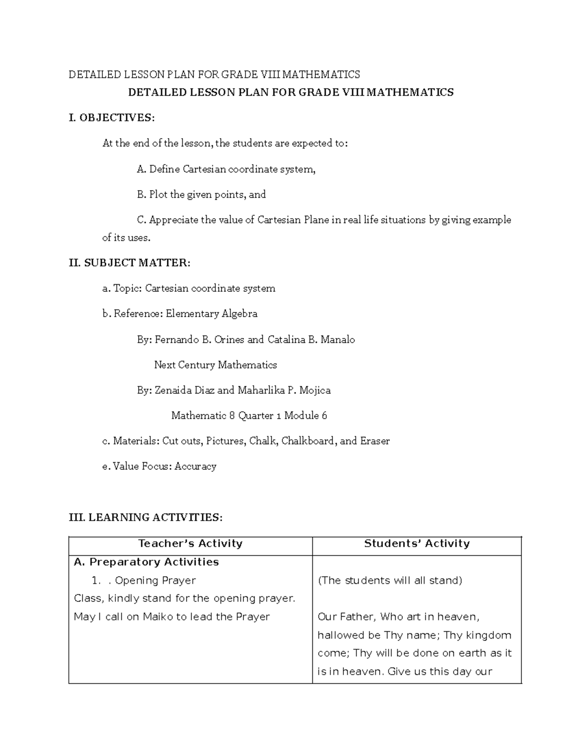 Detailed Lesson PLAN FOR Grade VIII Mathematics - DETAILED LESSON PLAN ...