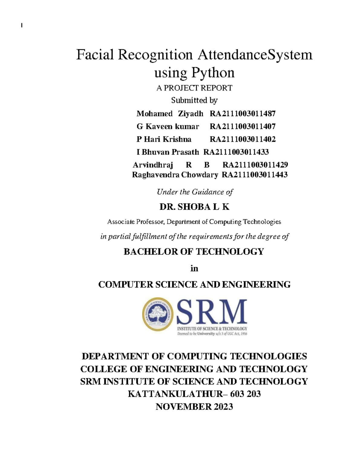 1 bio.docx (5 - Jrjdj - Facial Recognition AttendanceSystem using Python A PROJECT REPORT ...