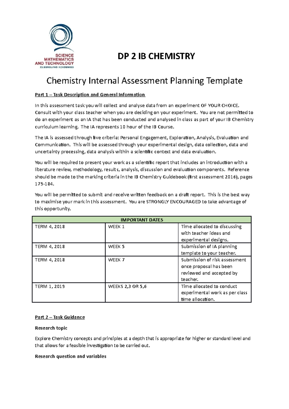 DP2 Chemistry (Yr 11) Internal Assessment Planning Template - DP 2 IB ...