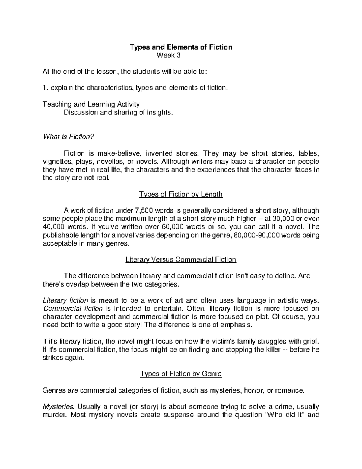 Types+and+Elements+of+Fiction - Types and Elements of Fiction Week 3 At ...