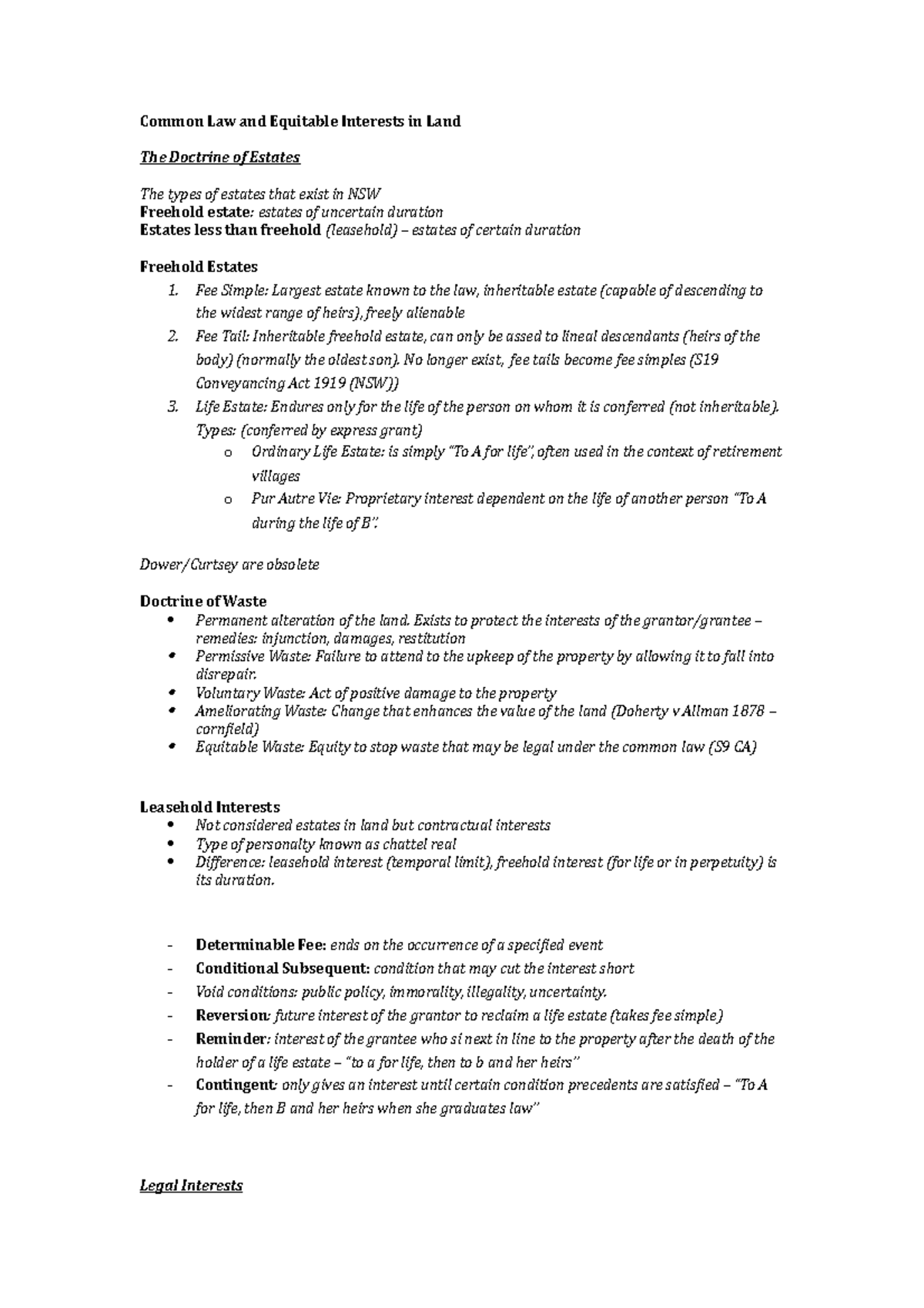 Common Law and Equitable Interests in Land - No longer exist, fee tails ...