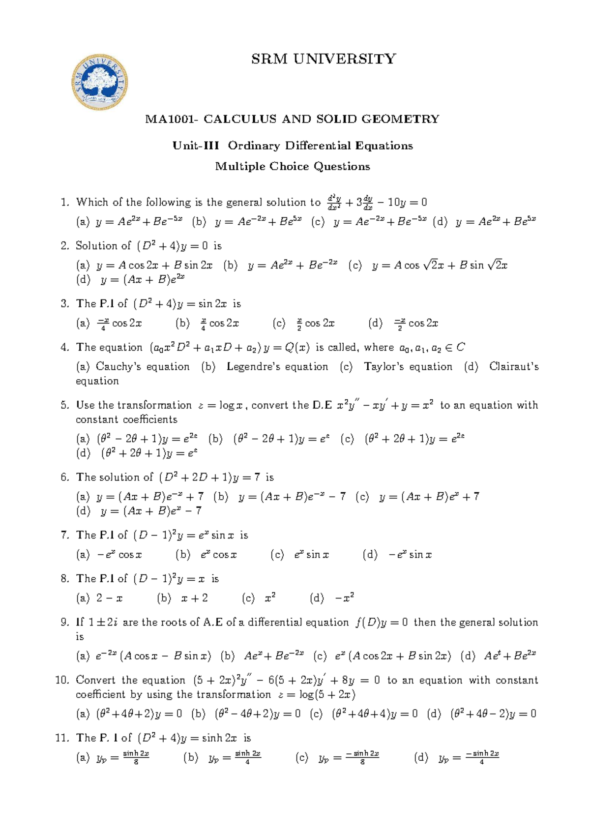 53500 - 2W22WW - SRM UNIVERSITY MA1001- CALCULUS AND SOLID GEOMETRY Unit-III Ordinary ...